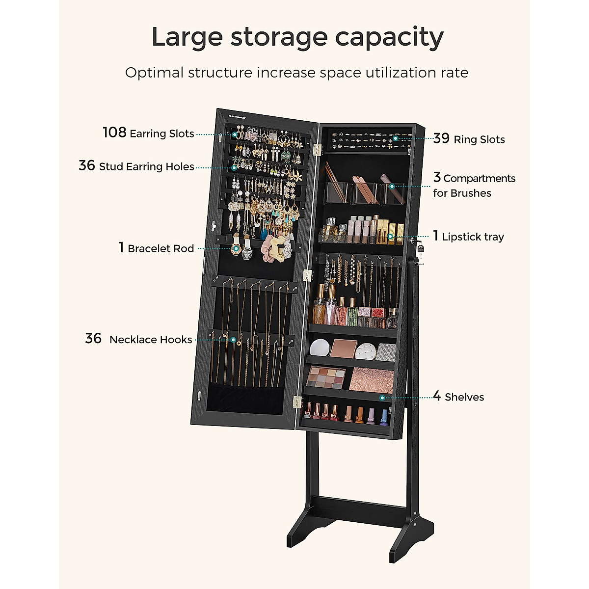 SONGMICS Jewelry Cabinet Armoire, Freestanding Lockable Storage Organizer Unit with 2 Plastic Cosmetic Storage, Full-Length Frameless Mirror, for Necklace Earring, Black UJJC002B01