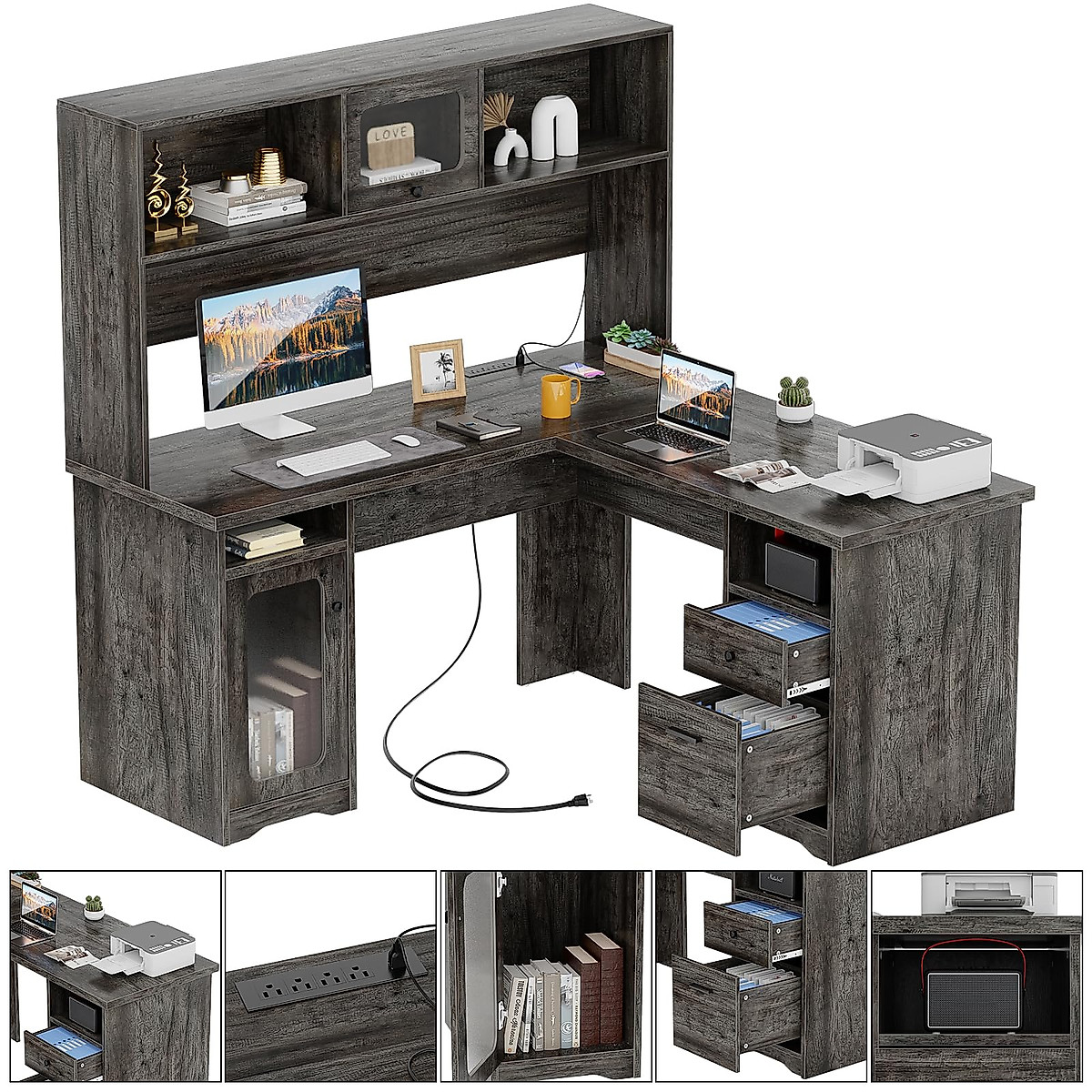 Unikito Office Desk with Drawers and Hutch, Large L Shaped Computer Desk with Power Outlet and LED Lights, 60 Inch Modern Corner Desk with File Cabinets, Sturdy 2 Person Home Office Table, Gray Oak