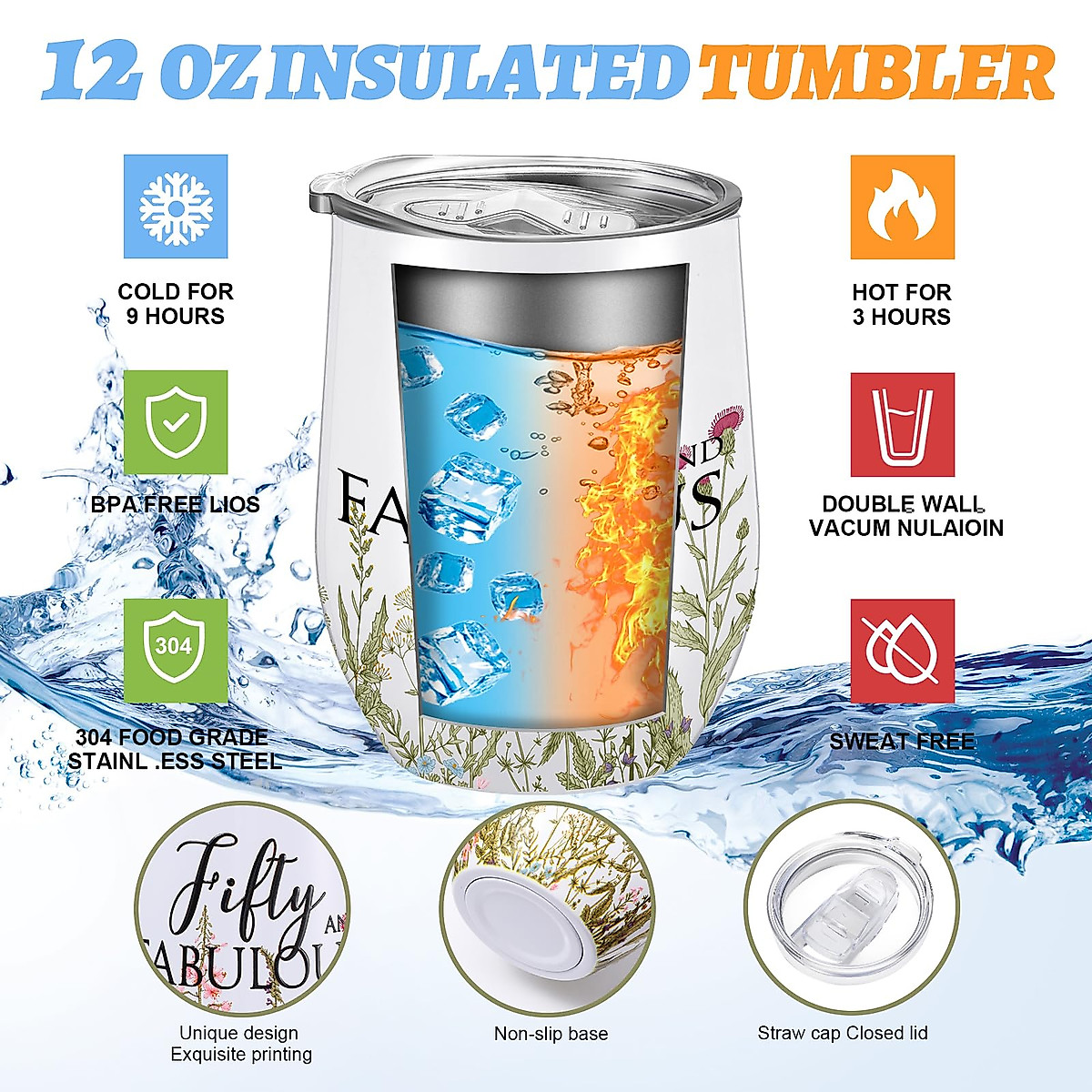 Irenare 50th Birthday Gifts for Women Fifty Fabulous Gifts for Her Happy 50th Birthday Gifts for Grandma Mom Sister Wife Aunt Friends Wine Glass Cosmetic Bag for Woman Birthday Gift(Elegant Style)