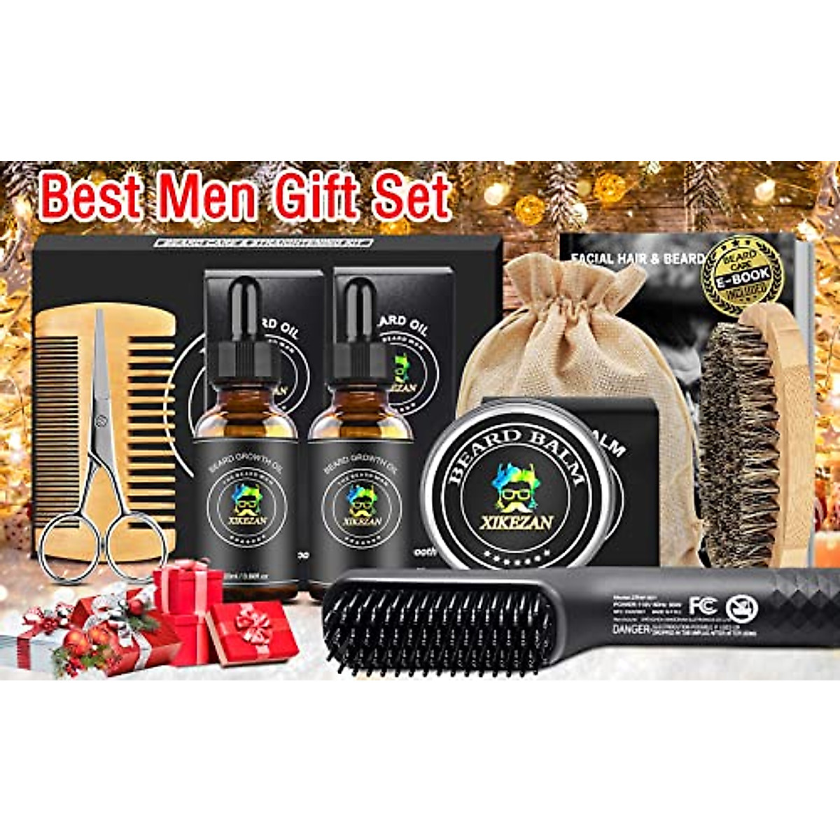 Beard Straightener w/Beard Balm & Beard Growth Oil & Beard Comb & Beard E-Book,Patented Design 3 in 1 Hair Straightener Brush Beard Straightening Comb,Unique Stocking Stuffers Gifts for Men Women Him