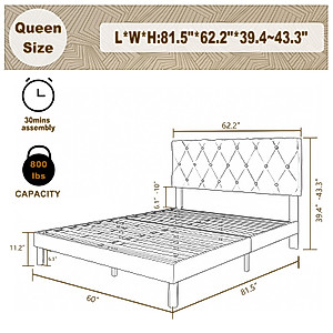 Mhjinuwet Queen Size Bed Frame, Velvet Upholstered Platform with Headboard, Easy Assembly, No Box Spring Needed, Non-Slip and Noise-Free with Strong Wooden Slats (Beige, Queen (U.S. Standard))