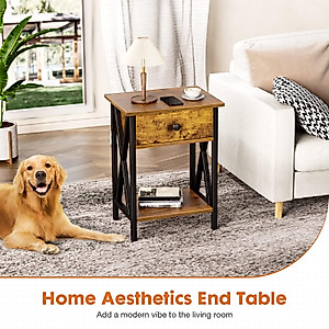 Nightstands Set of 2, Modern Bedside Tables End Table Set of 2 with Drawer and Storage Shelf, Side Tables X-Design Legs for Living Room Bedroom, Brown