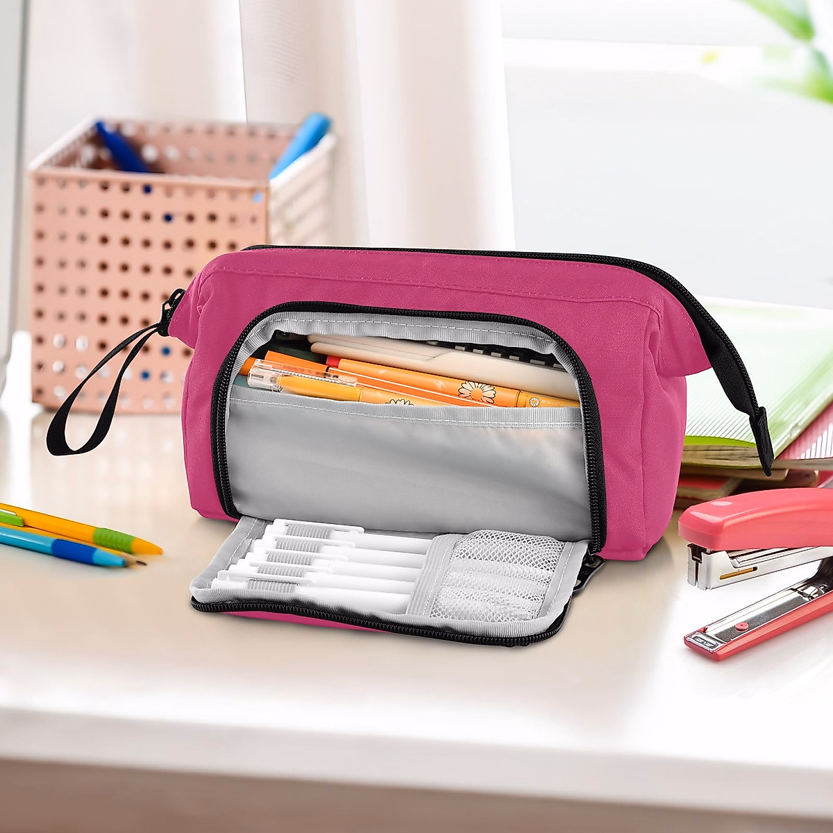 Hot Pink Pencil Case Large Capacity Pencil Pouch Aesthetic Stationery Portable Pen Bag Organizer Holder Box for Teens Girls Adults Student School