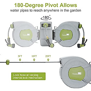 Automatic Hose Reel Retractable,Garden Hose Reel with Wall Mount,Water Hose Reels for Outside,1/2''x 92+6.5Ft Water Hose,9 Pattern Hose Nozzle,180° Swivel Bracket,Any Length Lock for Garden Hose Reel