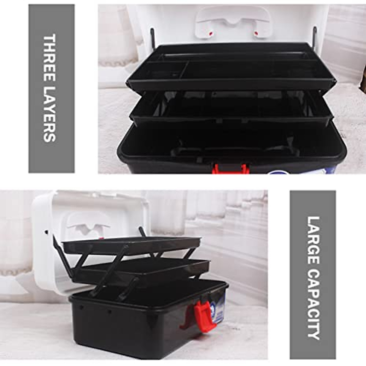 Yardwe 3- Layer Plastic Organizer Box Sewing Box Multipurpose Organizer with Removable Tray Portable Handled Storage Case for Art Craft and Cosmetic Black