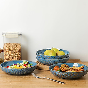 Sureasy Ceramic Pasta Bowls, 30oz Large Salad Bowl, 8.5 inch Embossed Serving Bowl for Kitchen, Wide and Shallow Plates Bowls Set of 4, Microwave, Oven and Dishwasher Safe, Gifts, Blue