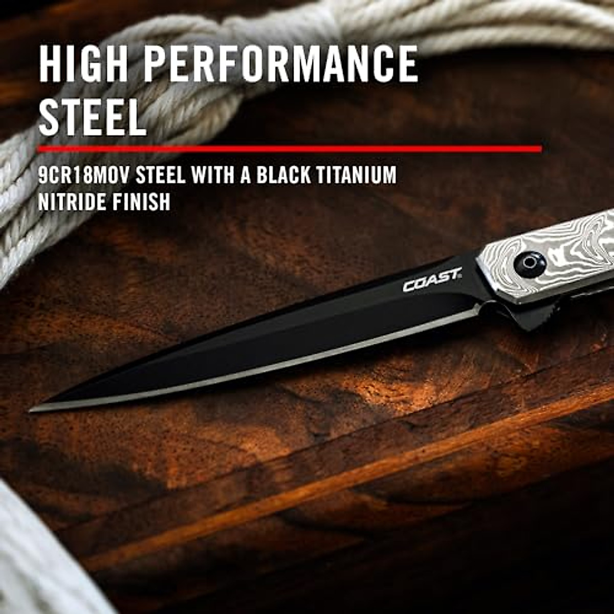 Coast Founder's Collection LX533 ORIGIN, Gentleman's EDC Folding Pocketknife, DAMASCUS Stainless-Steel Handle, Flipper Tab, Frame Lock, Pocket Clip, Black Nitride Stainless-Steel Blade