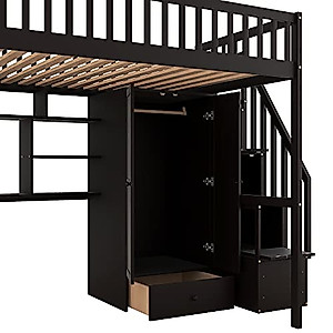 Merax Full Size Loft Beds Stairway Loft Bed Frame with Wardrobe, Desk, Bookcase and Drawers, Espresso