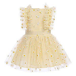 Newborn Infant Baby Girl Ruffle Tutu Romper Dress 1st 2nd Birthday Party Cake Smash Outfit Toddler Summer Flutter Sleeveless Floral Princess Tulle One-picece Baptism Pageant Dress Yellow Daisy 6-12M