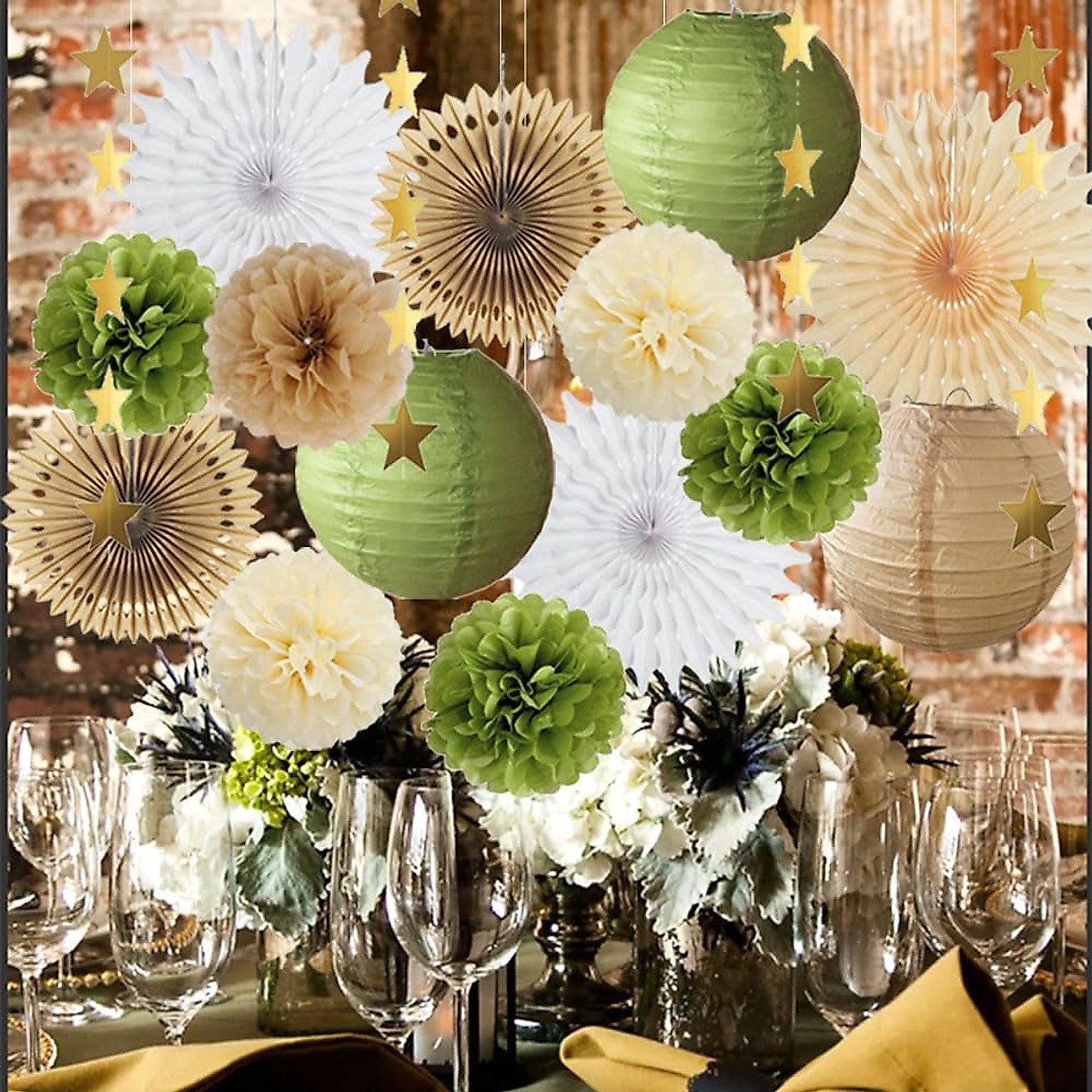 Olive Green and Brown Party Decorations Paper Lanterns and Fans Olive Green Tissue Pom Poms Cream with Gold Star Garland for Baby Shower Bridal Shower Wedding Birthday Party Decorations