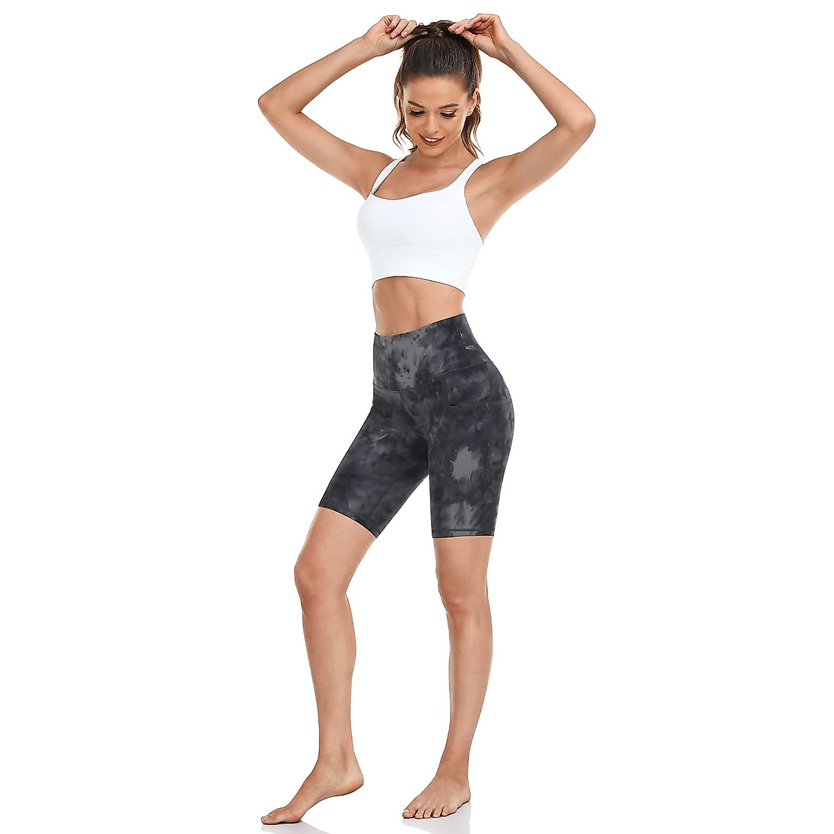 HeyNuts High Waisted Biker Shorts with Pockets for Women, Workout Compression Yoga Leggings Cycling Shorts 8'' Diamond Dye Coal Black M(8/10)