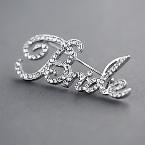 Mariell Rhinestone Crystal Bride Word Brooch Pin in Script Lettering, Bachelorette & Bridal Shower Gift
