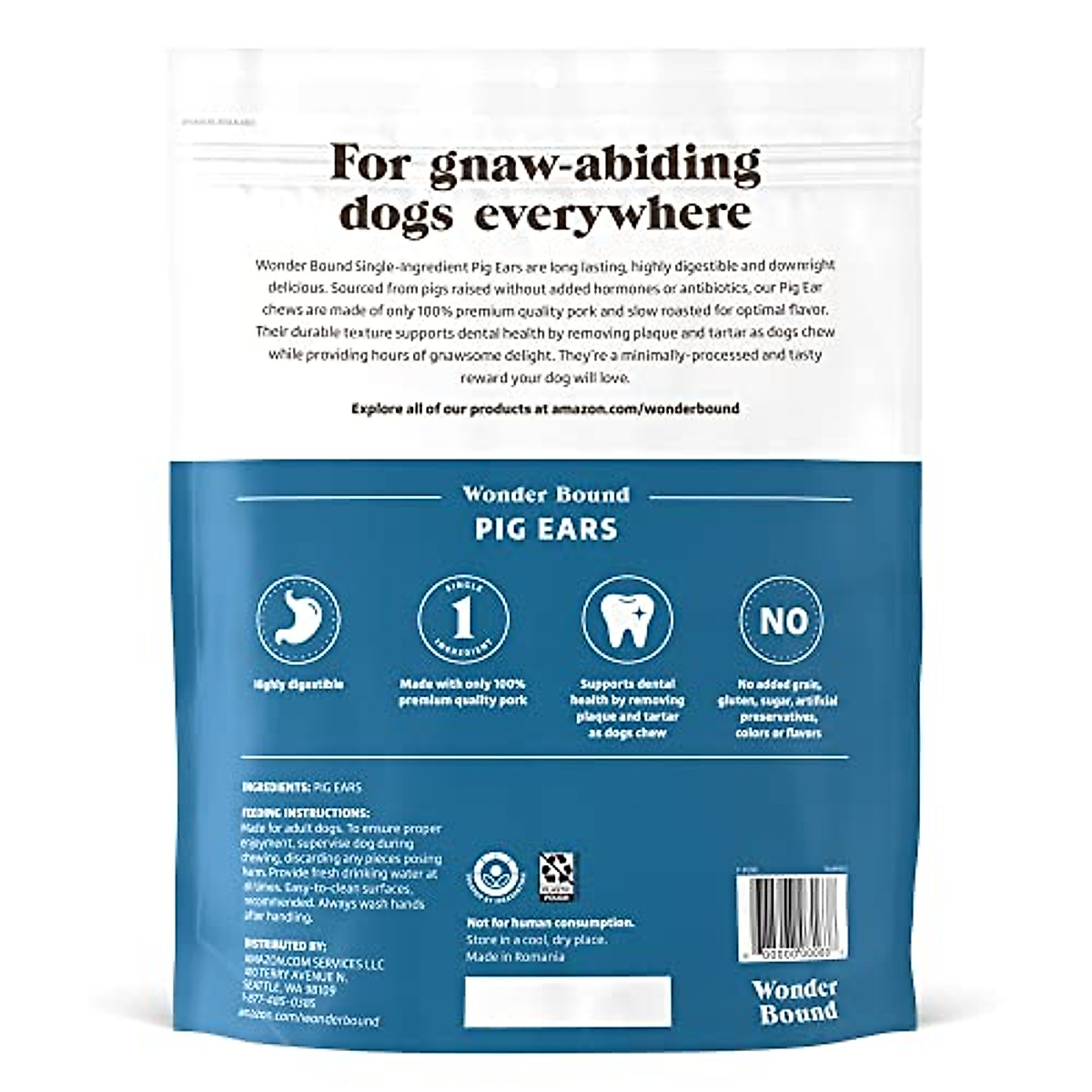 Amazon Brand – Wonder Bound Whole Pig Ears Dog Treats, Pork, 4.23 ounce, 6 Count (Pack of 1)