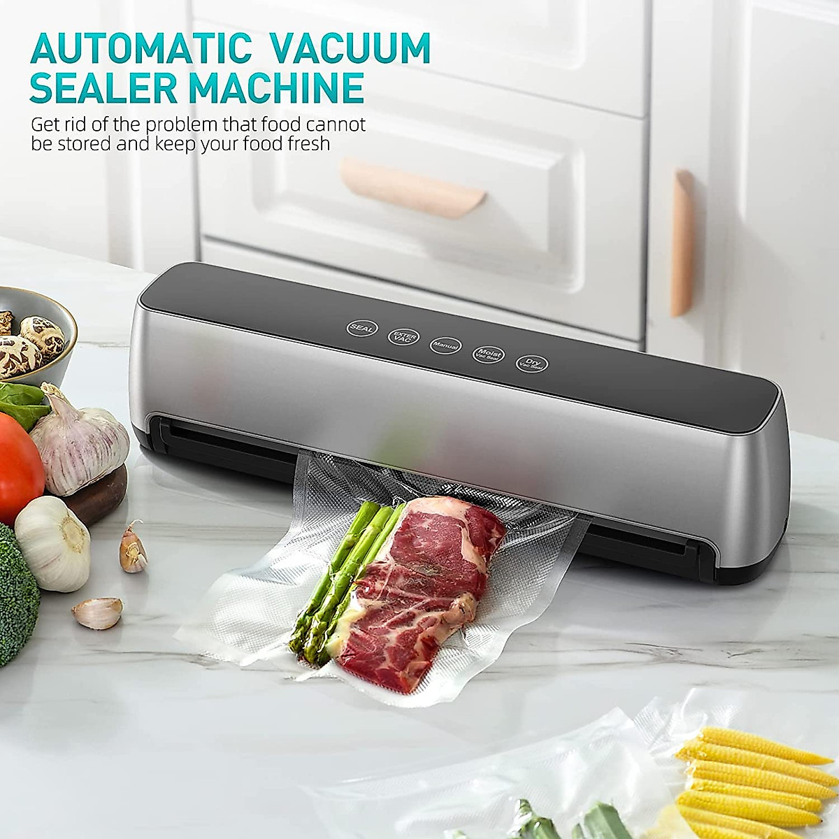 Vacuum Sealer Machine - Food-Vacuum-Sealer Automatic Air Sealing System for Food Storage Dry and Wet Food Modes LED Indicator Compact Design 11.8 Inch with 15Pcs Seal Bags Starter Kit (Silver)