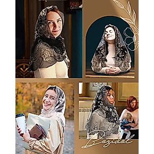 Bozidol Catholic Chapel Mantilla Veil Spanish Lace Head Covering Church Mass Veil for Religious Christian (Black-Gold)