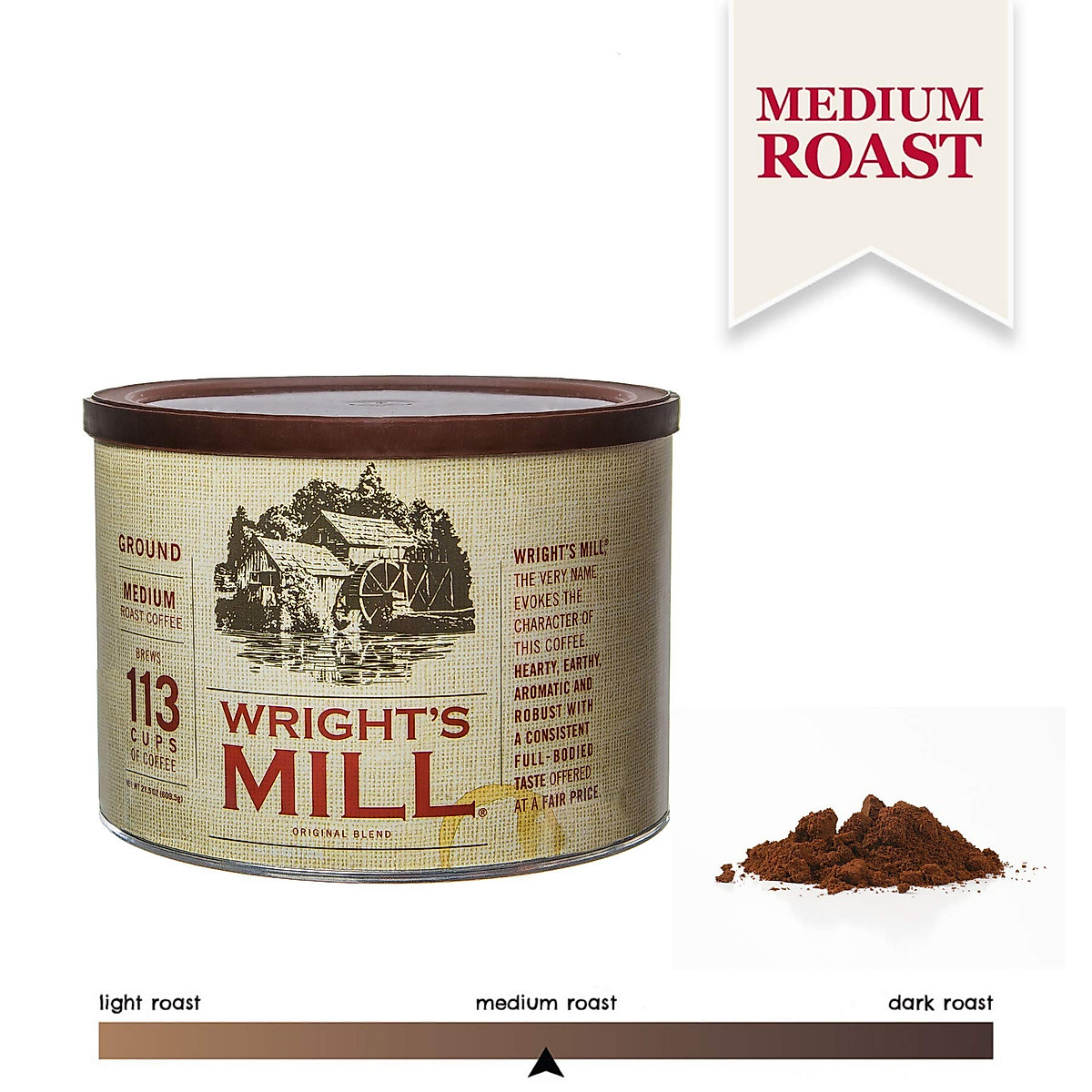 Red Diamond Ground Coffee, Wright's Mill Original Blend, Medium Roast, Hearty, Earthy, Aromatic & Robust, 21.5 Ounce Resealable Can