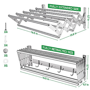 HITASTAR Wall Mounted Drying Rack Clothing for Laundry Foldable 16.5 inch with 7 Rod Space-Saving Stainless Steel Garment Hanger Mounted Organizer for Laundry Room, Bathroom