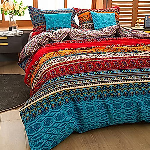 CoutureBridal Bohemian Duvet Cover (120GSM) Queen Size Reversible Colorful Floral Boho Striped Bedding Set, Soft Microfiber Southwestern Indian Tribal Bedding Duvet Cover with Zipper and Corner Ties