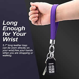 MECHCOS Car Key Fob Keychain Holder Genuine Leather Wristlet Loop Key Chain Circle Carabiner Clip for Men and Women with Anti-Lost D Ring, Screwdriver, 4 Key Rings, 360 Degree Rotatable, Purple