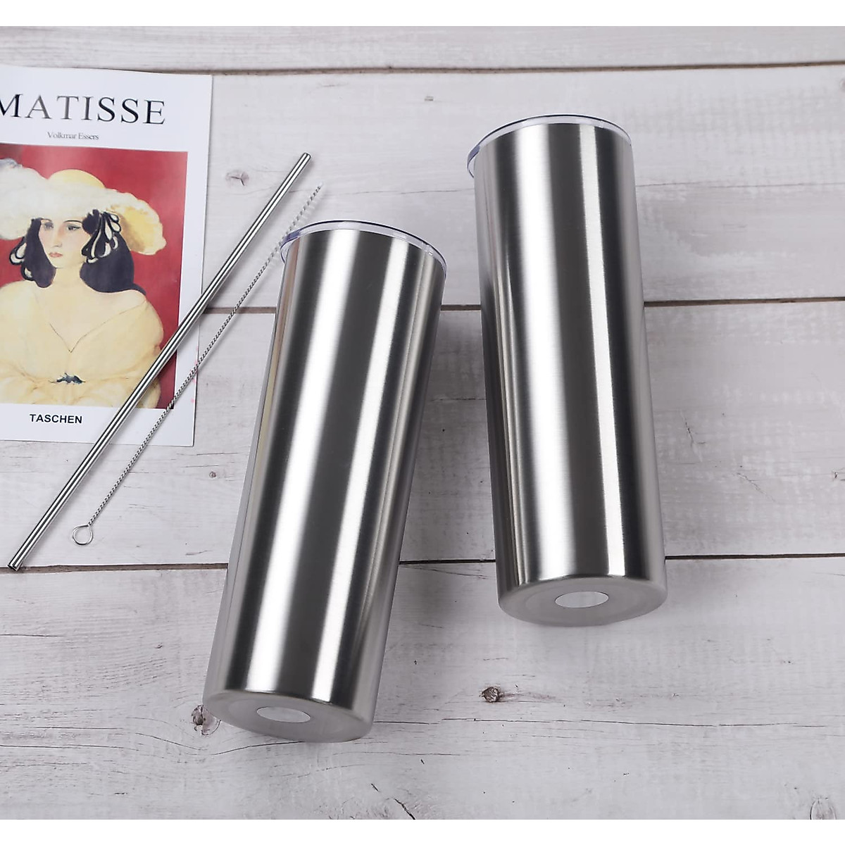 Wzaytia 30 Oz Straight Skinny Tumbler Set, 4 Pack Stainless Steel Slim Tumbler 30 Oz Skinny with Lid and Straw, Insulated Skinny Slim Water Tumbler for Diy, Silver