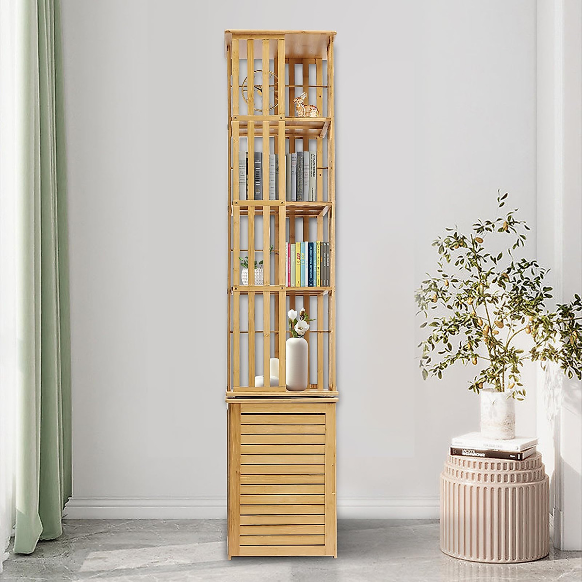 Veloqua Bookcase, Bookshelf Corner Bamboo Book Shelf 6-Tier 360° Rotating Storage Display Rack Narrow Bookshelf with Open Design Shelving Used in Office Bedroom Study Living Room Hallway (Burlywood)