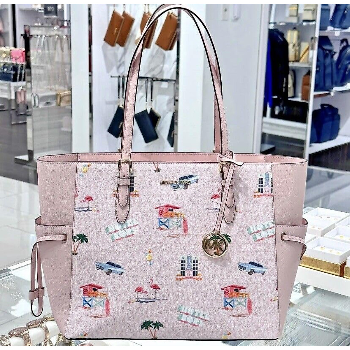 Michael Kors Gilly Large Drawstring Tote Light Powder Blush Pink MK Signature Miami Beach Palm Trees Flamingos 35S3G2GT7V