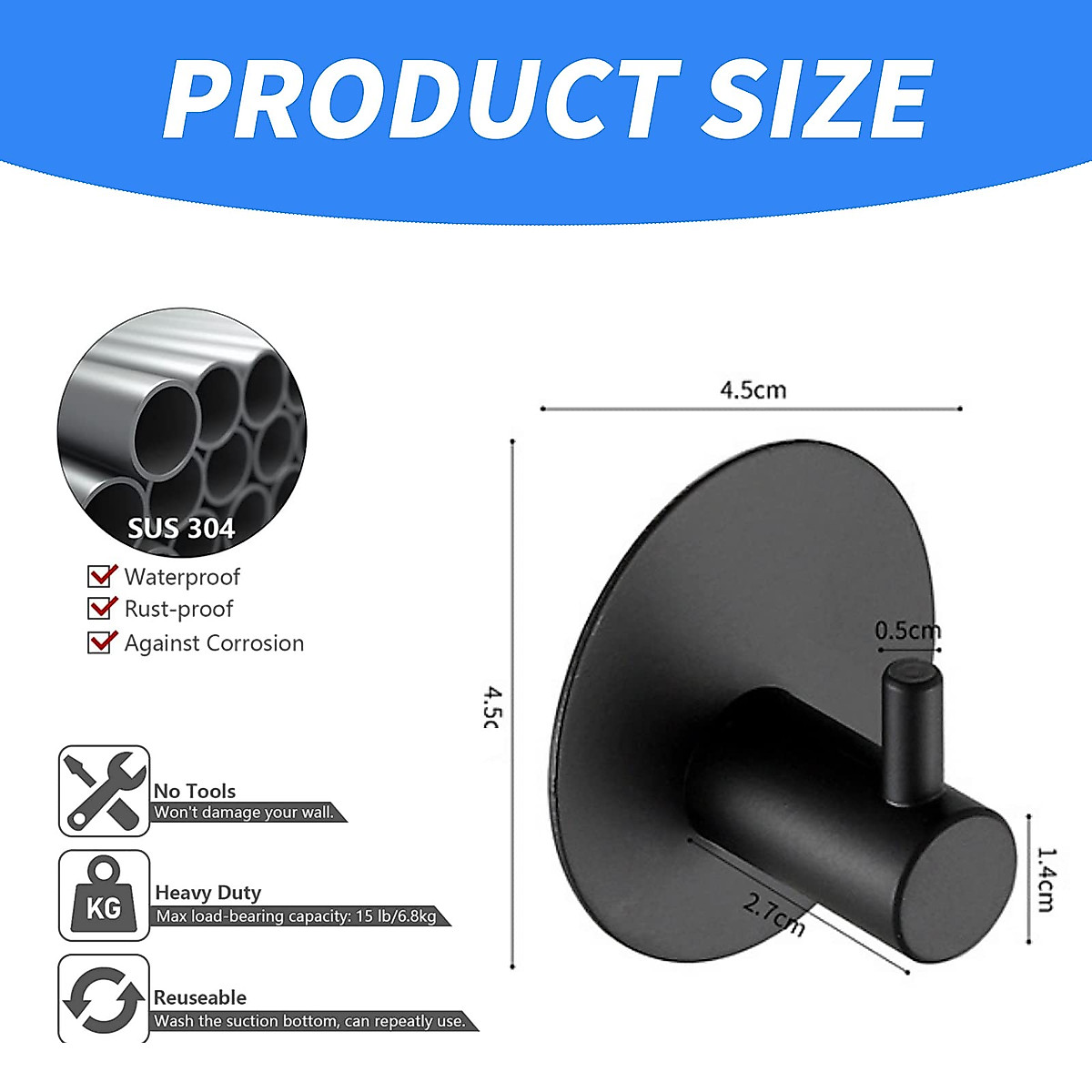 YAFIYGI 2Pack Suction Hooks for Shower Wall Black Suction Cup Set of 2 Bathroom Towel Hooks 304 Stainless Steel Removable Suction Towel Rack and Kitchen Organizer for Towel Hook, Bathrobe and Loofah