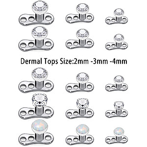 Ocptiy 14G G23 Titanium Dermal Piercing Jewelry Opal Dermal Top Dermal Piercing Base Kit Dermal Anchor Internally Threaded Stainless Surgical Steel Diamond Dermal Stud Piercing Ball Jewelry Women Men
