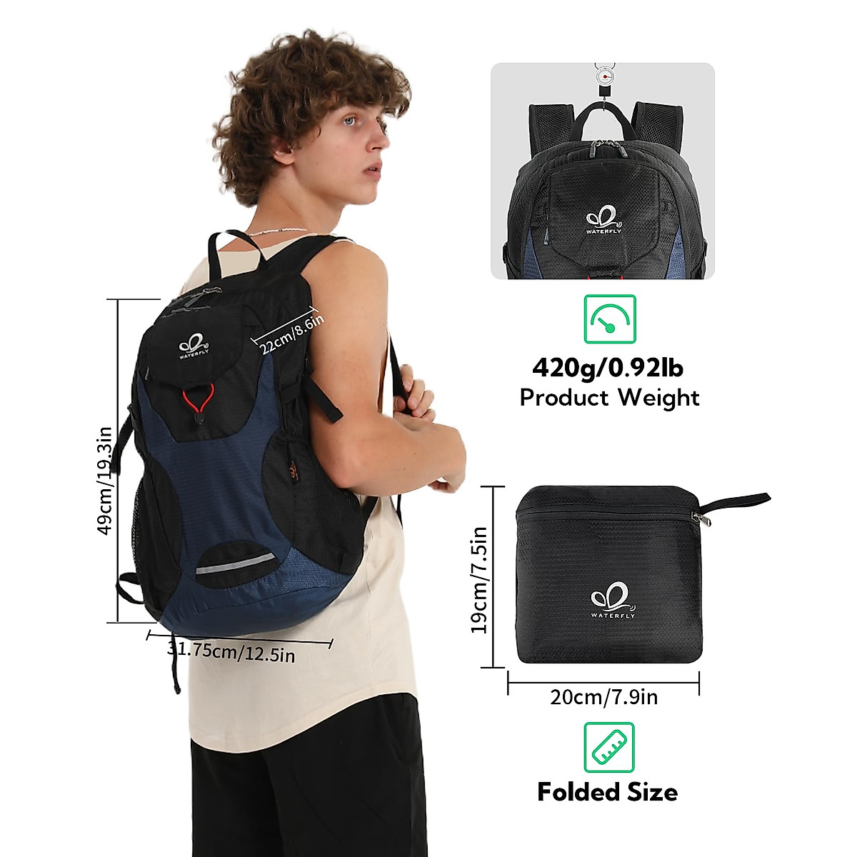 WATERFLY Lightweight Packable Hiking Backpack: Foldable Travel Daypack Ultralight Camping Day Pack for Woman Man