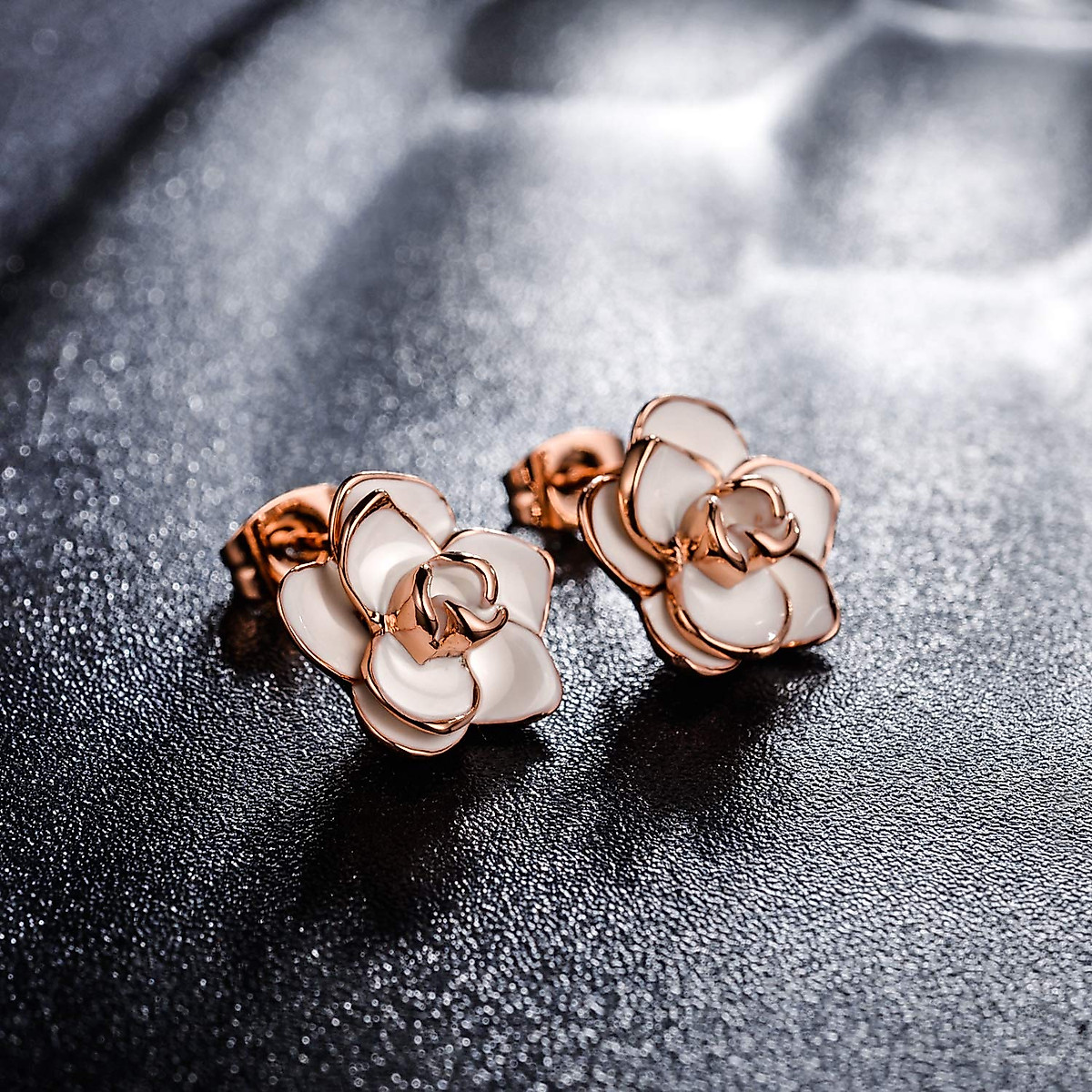 Flower Stud Earrings Hypoallergenic for Women - 18K Gold Plated Rose Earrings for Sensitive Ears, Nickel Free (Large White)