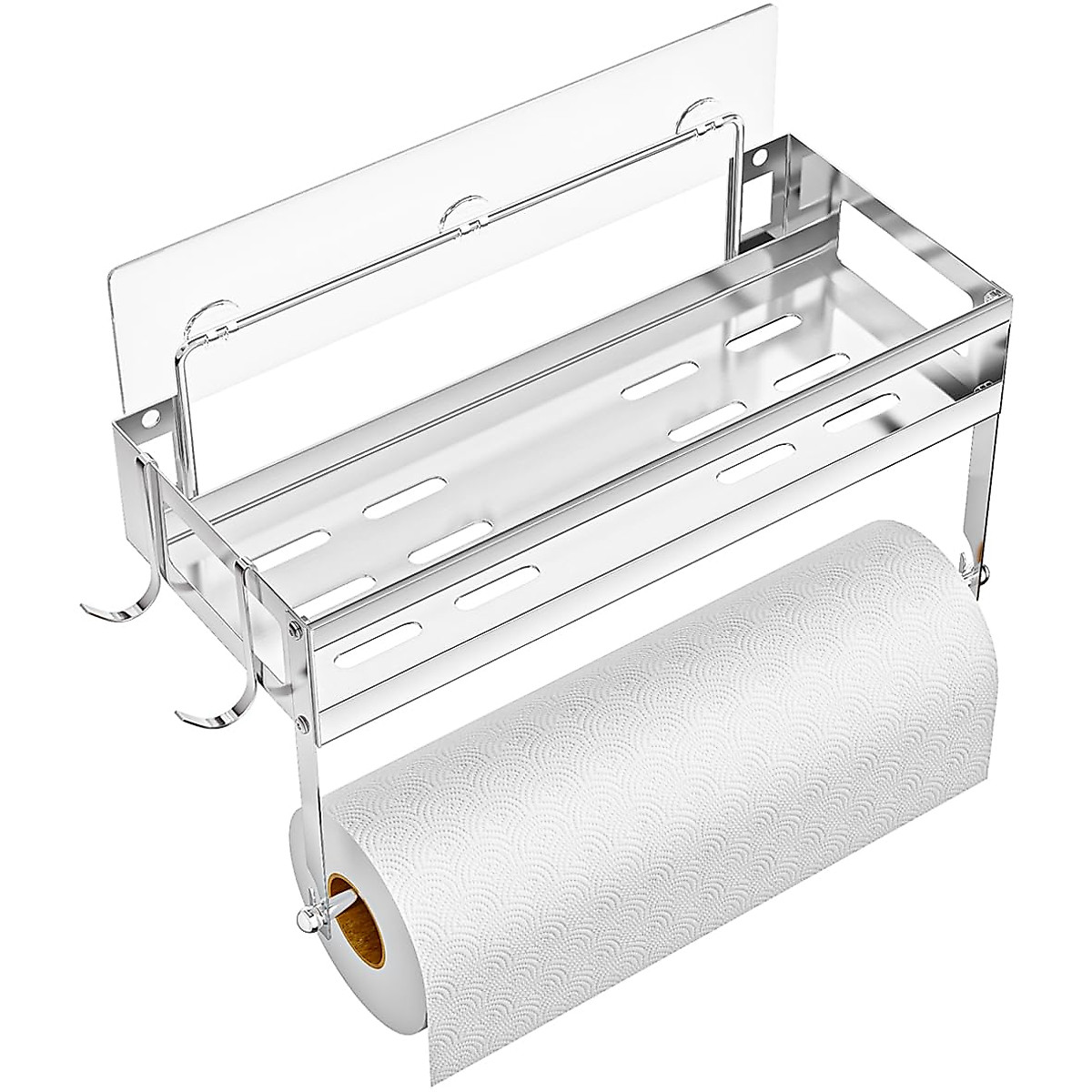 ESOW Paper Towel Holder with Shelf Storage, 2-in-1 Wall Mounted Paper Towel Roll Rack Basket for Kitchen, Balcony & Bathroom, Self-Adhesive or Drilling Installation, SUS304 Brushed Nickel Finish