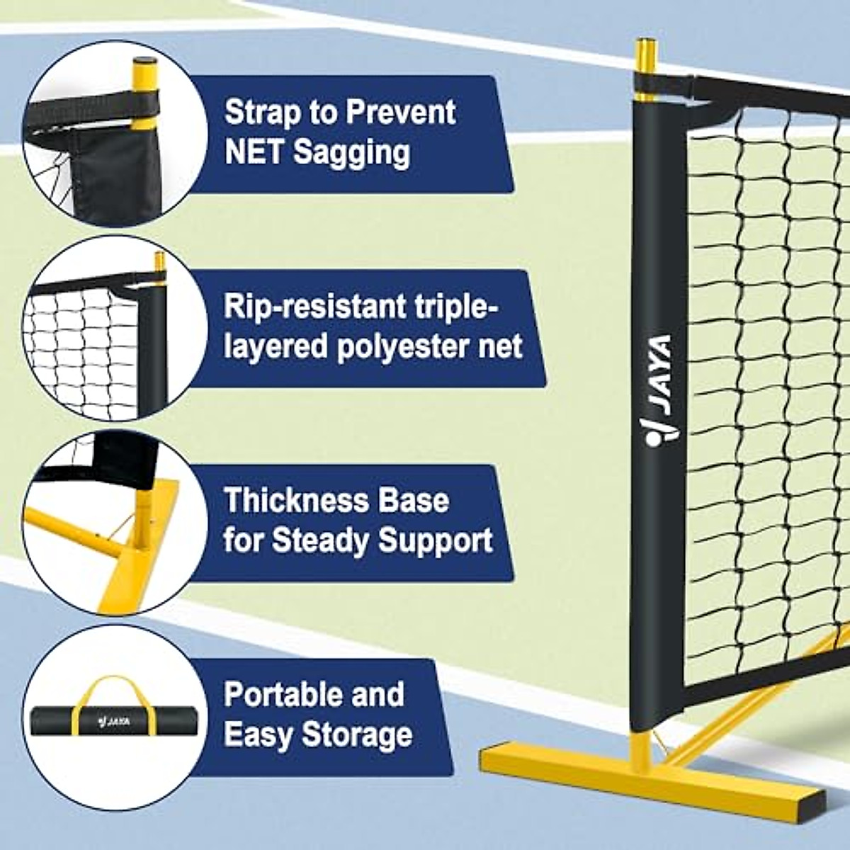 JAYA Portable Pickleball Net, IPF Standard 22FT, Steady Metal Frame, Easy Setup, Suitable for Driveways and Backyards Ginger Yellow with Black