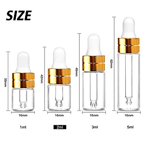 Comrzor 50 Pack 2ml Clear Glass Dropper Bottles with 2 Pcs Plastic Droppers, Mini Sample Dropper Bottles for Essential Oils Perfume Cosmetic Liquid, Empty Travel Sample Vials with Gold Cap