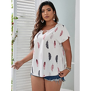 SOLY HUX Plus Size Blouses for Curvy Women Cute Boho Print Shirts V Neck Casual Summer Blouses T-Shirts Tops White 1XL