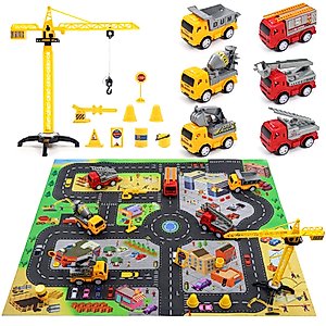 Nuheby Construction Toys for 3 Year Old Boys, Pull Back Cars Toys with Play Mat Excavator Toy Trucks Toddler Toys for Kids Age 4 5 Year Old Boy Birthday Party Cake Toppers Crane Fire Dump Gifts