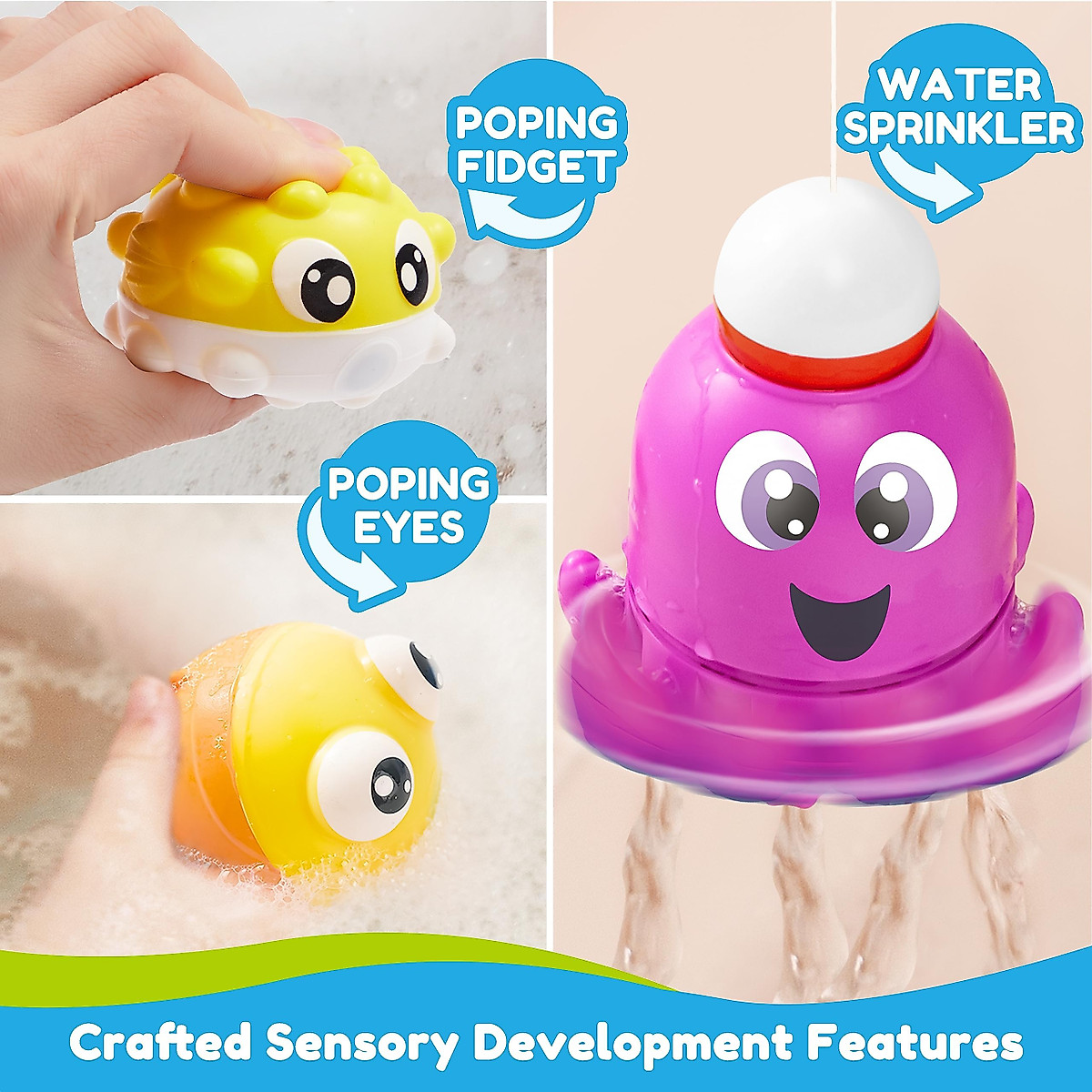 JOYIN Baby Bath Toy Set - Magnetic Fishing Toy with Fishing Rod, Soft Puffer & Clown Fish, Spinning Octopus and Starfish, Wind-up Shark and Turtle - Sensory Development for Infants & Toddler