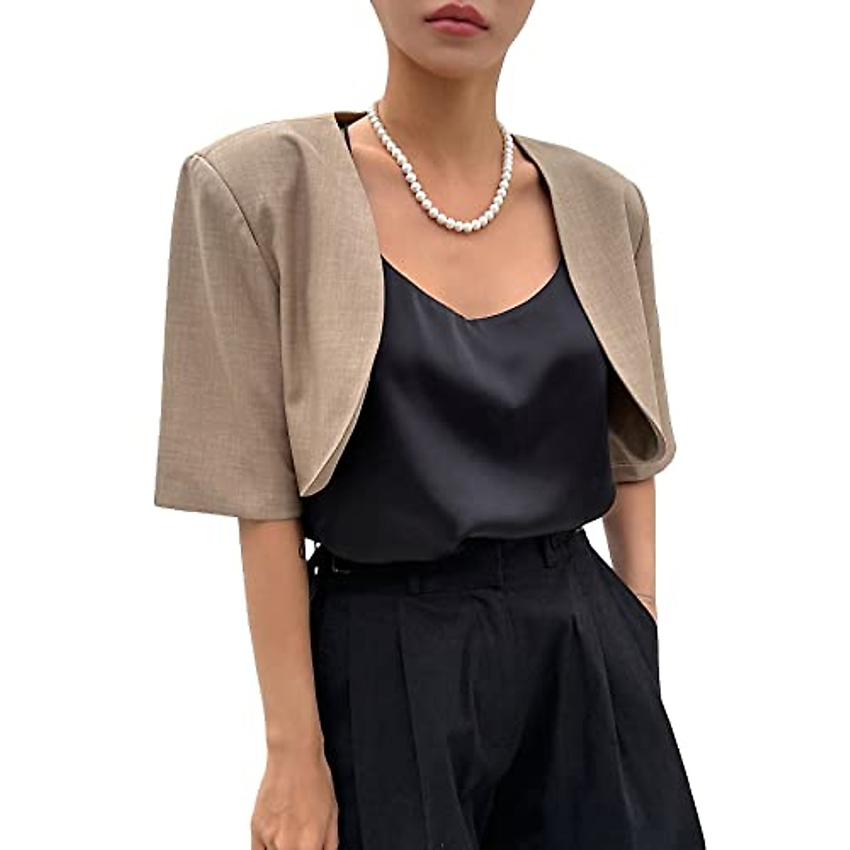 Verdusa Women's Open Front Half Sleeve Crop Blazer Short Jacket Bolero Mocha Brown S