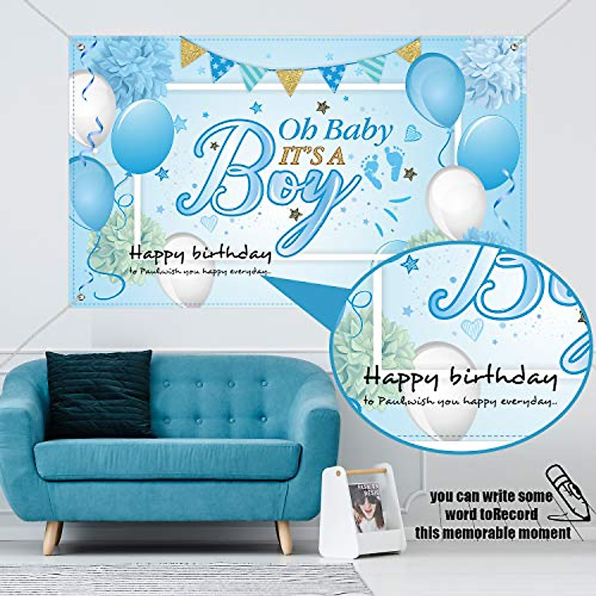 Blulu Baby Shower Party Backdrop Decorations, Large Durable Fabric Made Baby Shower Banner Backdrop Photo Booth Background for Boy's or Girl's Baby Shower Party Supplies (Boy Style)