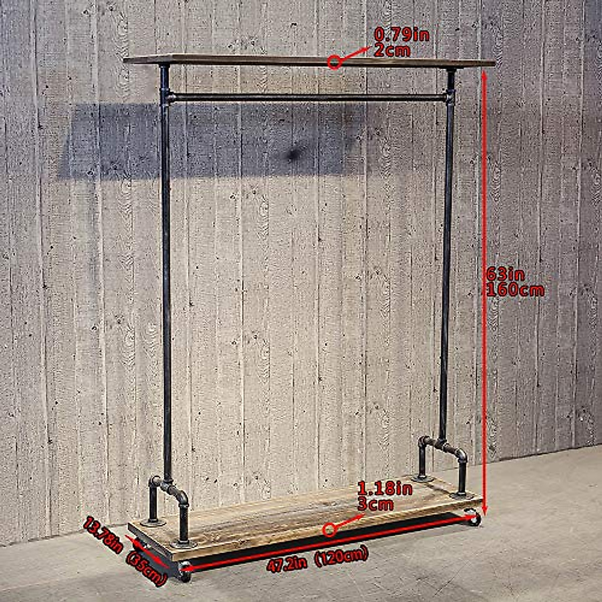 JIANZHUO Industrial Pipe Clothing Rack on Wheels,Retail Display Clothing Racks with Shelves,Vintage Rolling Rack for Hanging Clothes,Wooden Garment Rack with Wheels,Heavy Duty Clothes Rack Cloths