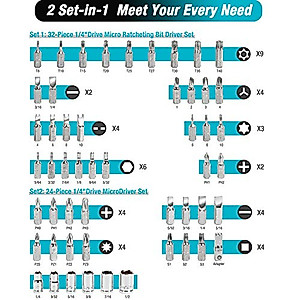 DURATECH 56-pieces 1/4" Mini Ratchet Wrench and Screwdriver Bit Set, 2 Set-in-1, 72-Tooth and 60-Tooth with Bit Socket Set, Storage Cases Included