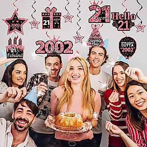 40Pcs Rose Gold 21st Birthday Decorations for Her Hanging Swirls, No-DIY 21st Birthday Decorations Ceiling Streams, Hello 21 Hanging Swirls 21st Birthday Decorations for Her cocomigo