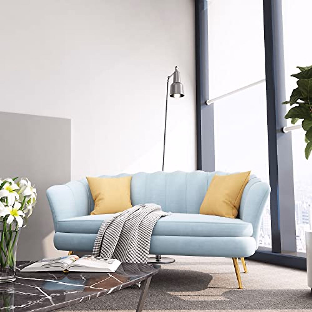 Loveseat Sofa, Modern Velvet Couch Accent Upholstered Settee, 2 Seater Small Loveseat for Small Spaces, Office, Bedroom, Living Room (Light Blue)