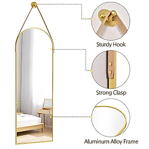 HARRITPURE 16"x48"Arched Mirror with Hanging Leather Strap Full Length Mirror Aluminum Frame Wall-Mounted Arch Mirror Hanging Mirrors for Bathroom Vanity Living Room Bedroom Entryway, Gold