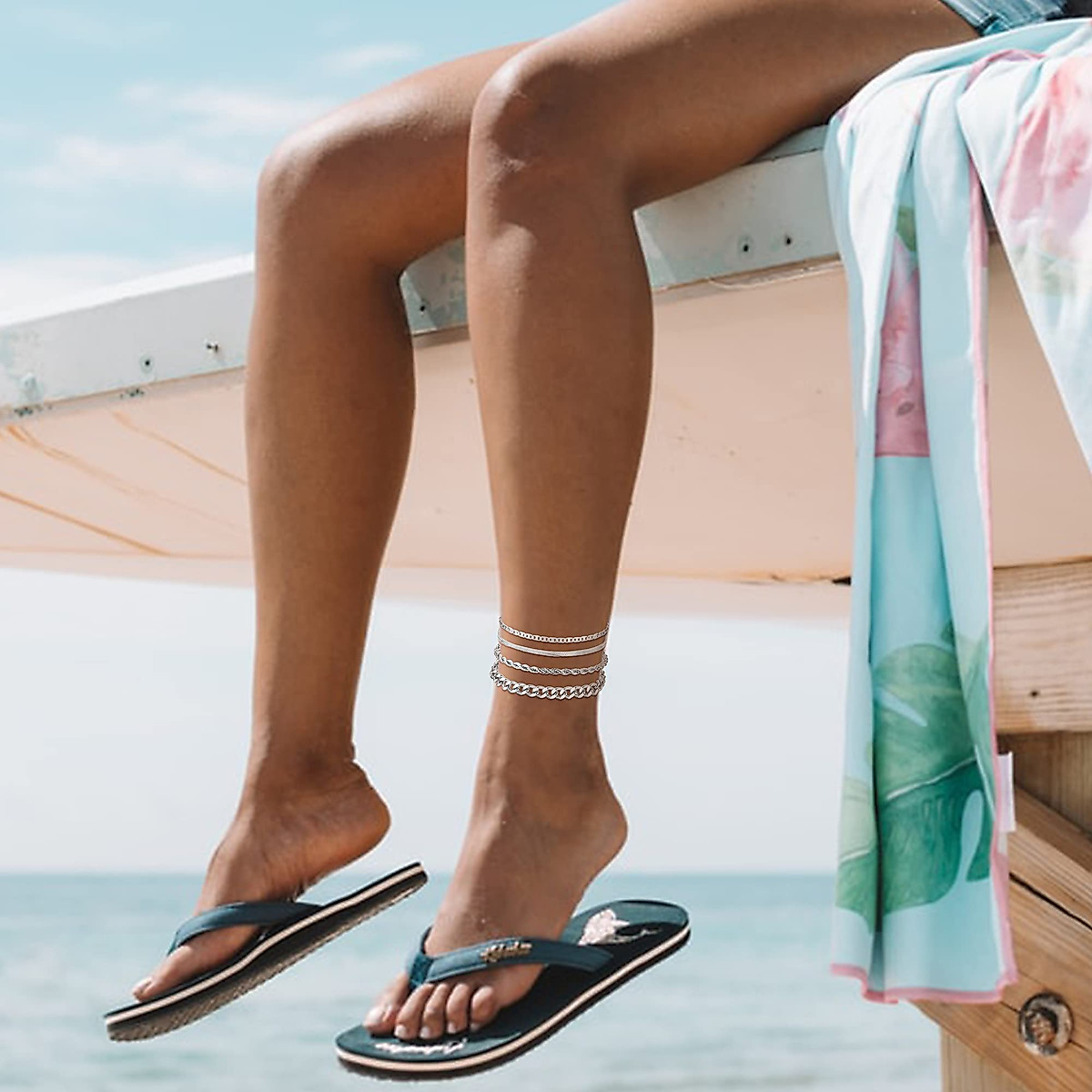 HANPABUM 3-4 PCS Stainless Steel Chain Anklet for Women Dainty Boho Tennis Ankle Bracelets Set Layered Link Paperclip Chain Anklet Adjustable Summer Beach Foot Jewelry