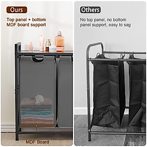 AMHANCIBLE Laundry Hamper with 3 Section, Laundry Basket with 3 Pull-Out and Removable Bags, Laundry Sorter with Shelf, Dirty Clothes Hamper for Laundry Room, Bathroom, 3 x 10 Gallons (38L) HLS03GY