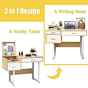 CHARMAID Makeup Table Writing Desk with Flip Top Mirror, Vanity Table with 5 Storage Compartments, Dressing Table Computer Laptop Desk with 2 Large Drawers for Students Girls Women
