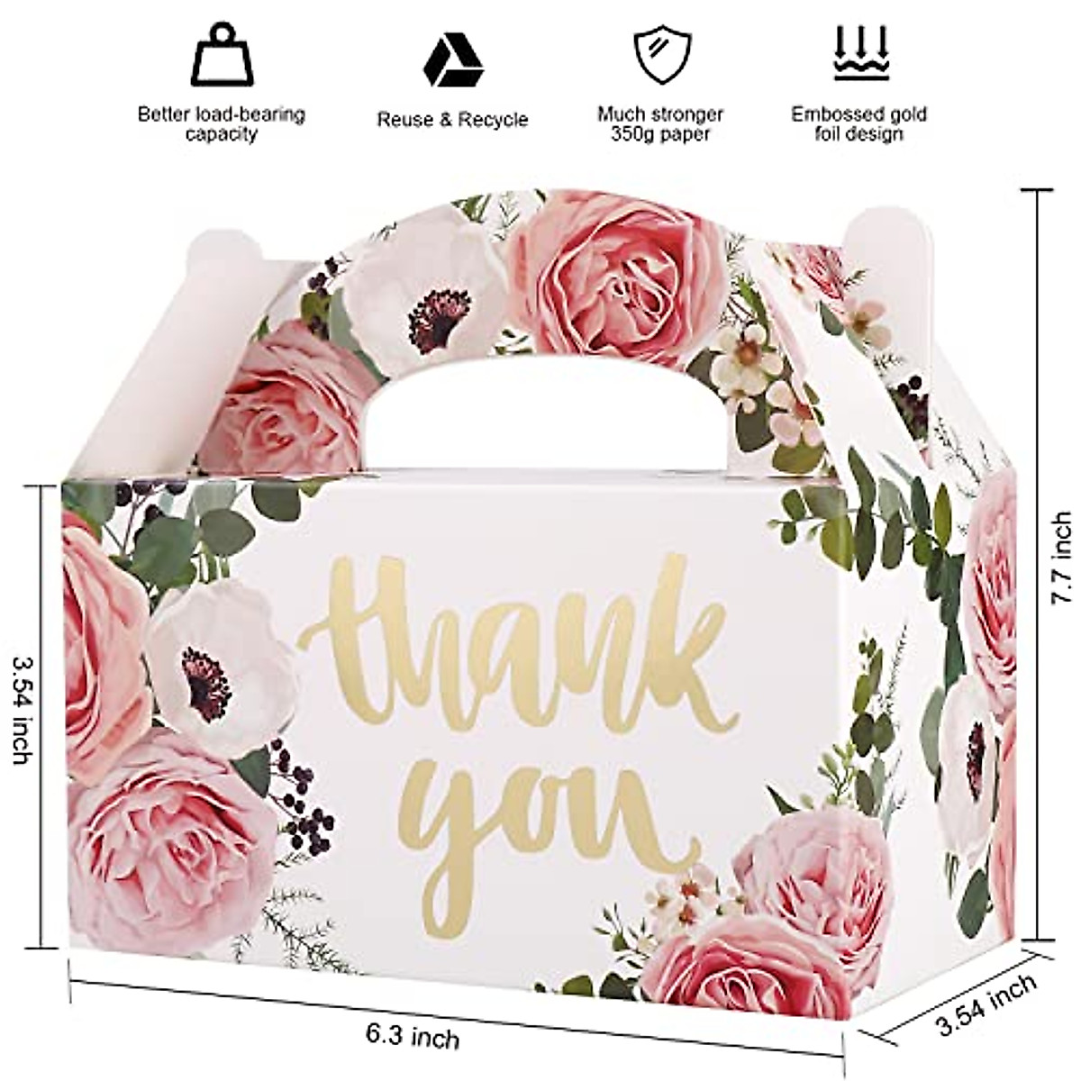 SOSFKIM Gable Treat Boxes Large 24 Pack - Floral Party Favor Boxes Bulk Embossed Foil 6.3x 3.5x 3.5in - Goodie Gable Boxes for Baby Shower, Wedding, Birthday