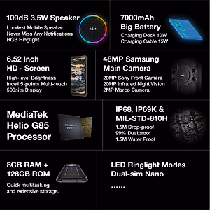 AGM H5 Pro Rugged Smartphone Unlocked, Android 12 Rugged Phone with Triple Camera, MediaTek Helio G85, 109dB Speaker, 8GB RAM 128GB ROM, 7000mAh, Fingerprint Sensor, NFC, 6.52inch Rugged Cell Phone