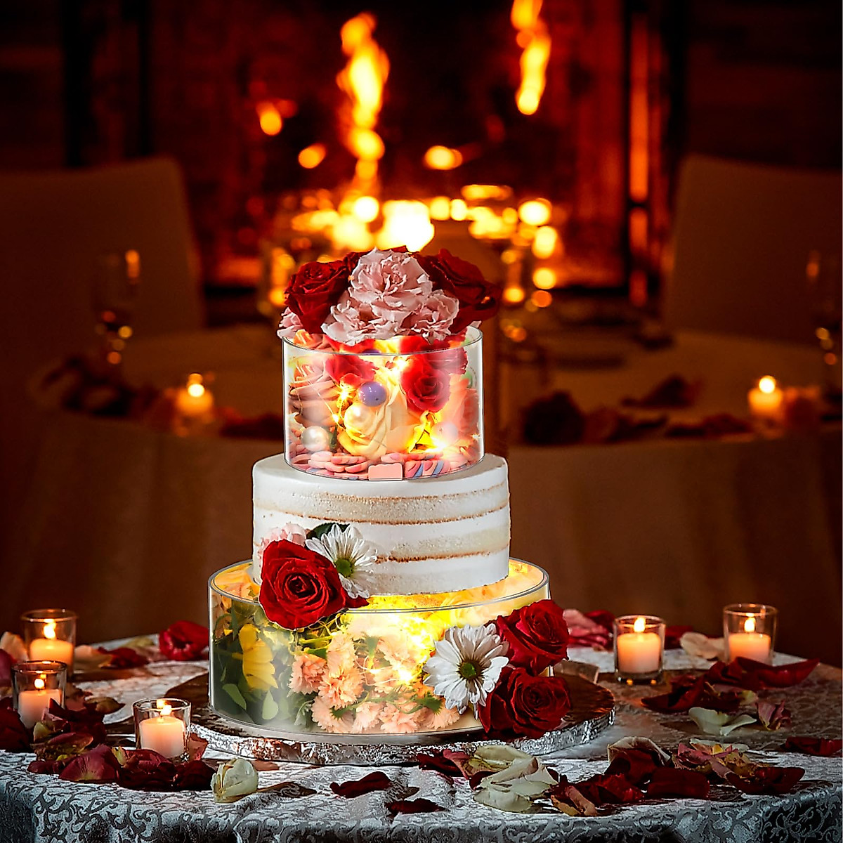 ALEXPRE 2PCS Clear Acrylic Wedding Cake Stand, Fillable Cake Box with Lid, LED Lights, 6 & 10 Inch, 3M LED Lights