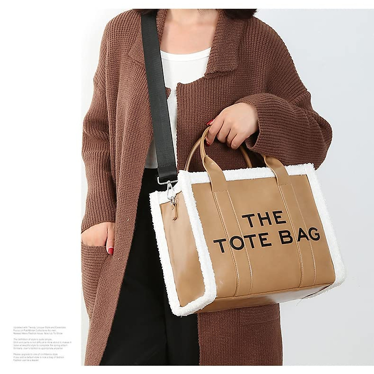 Tote Bag for Women, PU Leather Tote Bag with Lamb Wool, Shoulder Crossbody Bag for Work/Travel (Khaki)